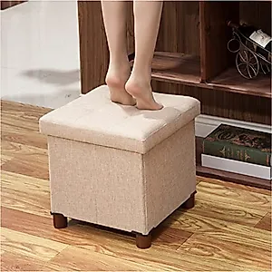 15 Inches Storage Ottoman with Wooden Legs Cube Foot Rest Stool, Square Footstool Storage, Ottoman with Storage for Living Room, Foldable Fabric Ottoman, Comfortable Seat with Lid, Space-Saving Beige