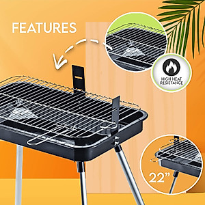 PAMI Portable BBQ Charcoal Standing Grill - 22” Rectangle Medium Grill For Courtyard, Backyard Patio, Camping, Tailgating & Picnics- Lightweight Metal Outdoor Cooking Grill For Steaks, Veggies & More