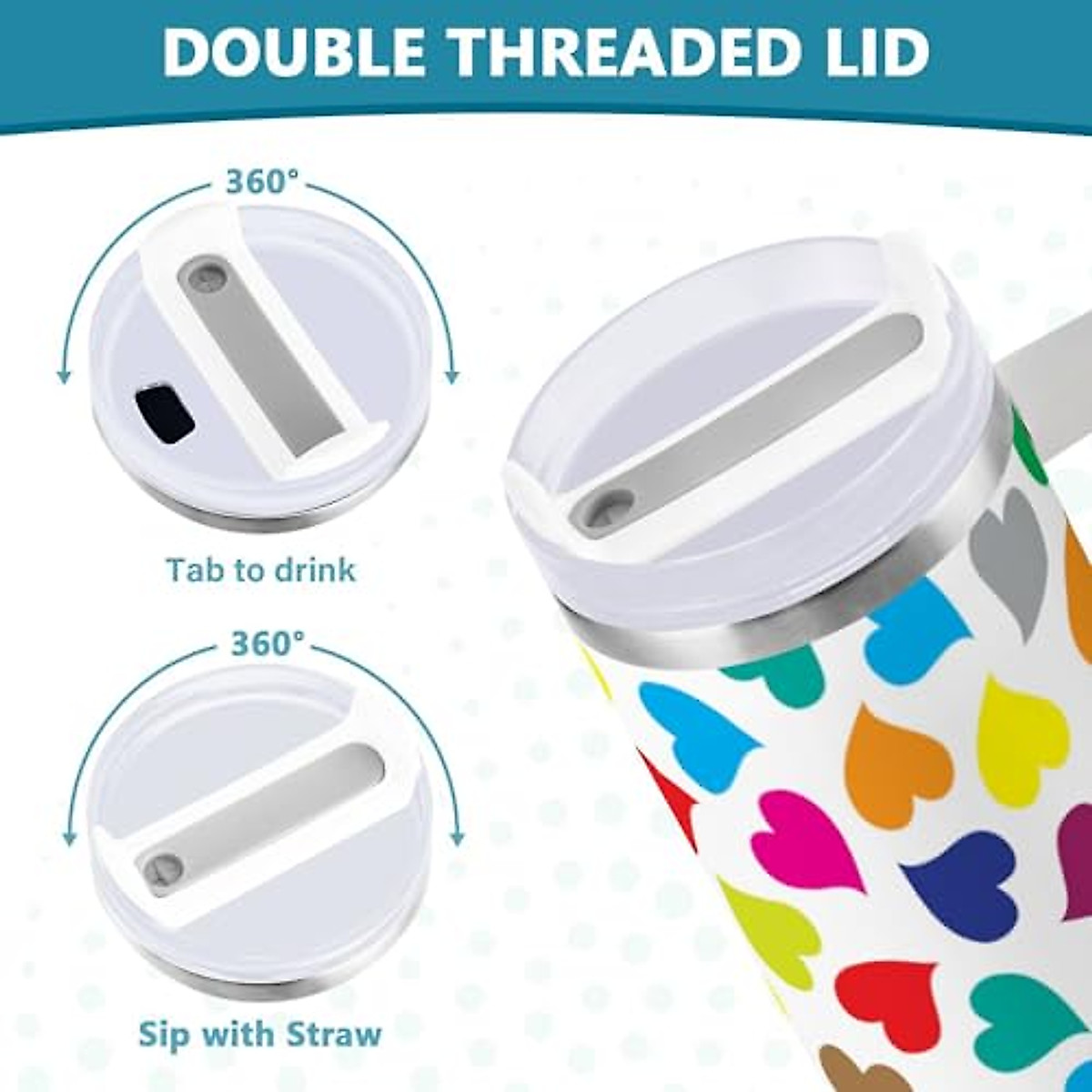 MCHIVER Colorful Hearts 40 oz Tumbler with Handle and Straw Stainless Steel Vacuum Water Bottle Leak-proof Travel Coffee Mug Insulated Tumbler with Lid