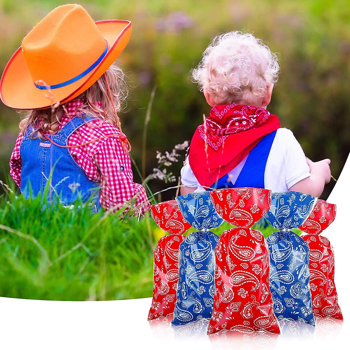 Sumind 100 Pieces Plastic Candy Bags Red Blue Western Party Treat Bags, Bandana Cellophane Goodie Favor Bags with 100 Silver Twist Ties for Kids Western Cowboy Birthday Party Supplies