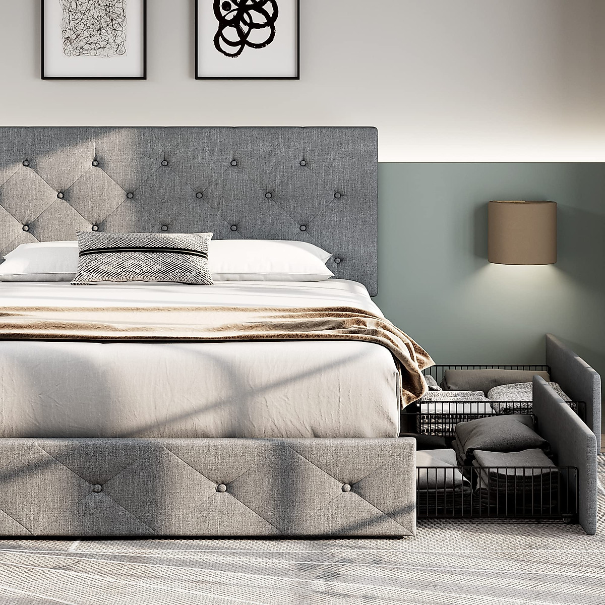 Allewie Upholstered Queen Size Platform Bed Frame with 4 Storage Drawers and Headboard, Diamond Stitched Button Tufted Mattress Foundation with Wooden Slats Support, Light Grey