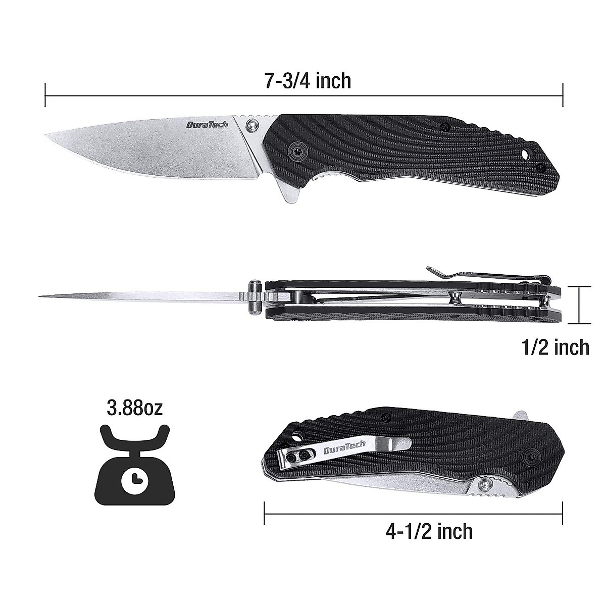 DURATECH Folding Pocket Knife, 3-1/4" Satin 8CR13MOV Blade, Black Wavy Grain G10 Handle with Liner Lock Knife For EDC