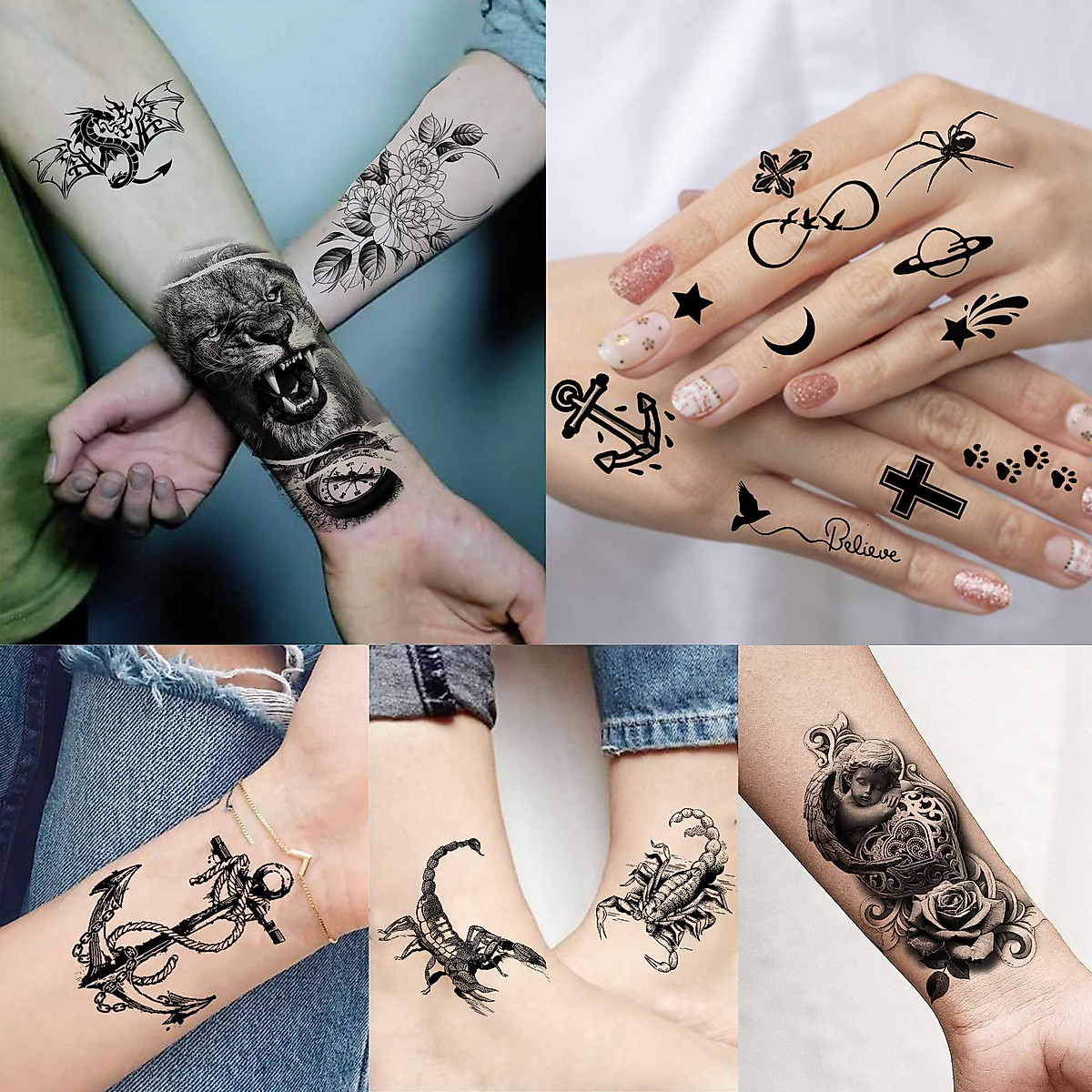 Shegazzi 63 Sheets 3D Flower Temporary Tattoos For Women Girl, 12 Sheets Realistic Sexy Rose Peony Floral Fake Tattoo Sticker Adult, 52 Sheets Small Black Snake Letter Anchor Infinity Tatoos Neck Arm