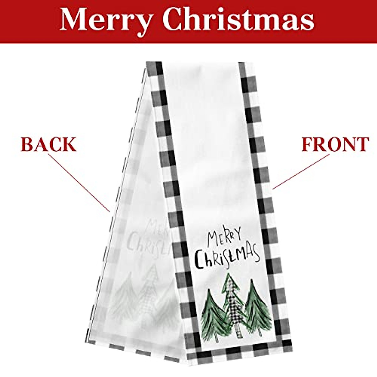 Jbralid Merry Christmas Trees Table Runner 72 Inch Xmas Winter Holiday Black and White Buffalo Plaid Table Cloth Decorations for Home Dining Room Party Decor
