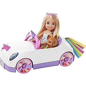 Barbie Chelsea Doll & Unicorn Toy Car, Blonde Small Doll in Removable Skirt, Pet Puppy, Sticker Sheet & Accessories