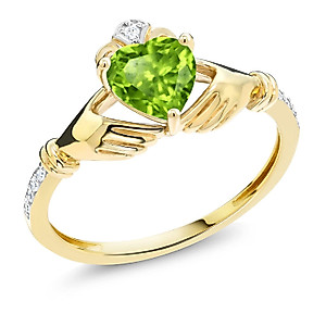 Gem Stone King 10K Yellow Gold Green Peridot and Diamond Accent Irish Celtic Claddagh Ring For Women (0.89 Cttw, Heart Shape 6MM, Available in size 5, 6, 7, 8, 9)