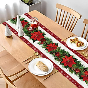 Netnology Watercolor Poinsettia Red Christmas Table Runner with White Snowflake,Seasonal Winter Xmas Party Decoration Holiday Indoor Home Kitchen Decor 13 x 72 Inch