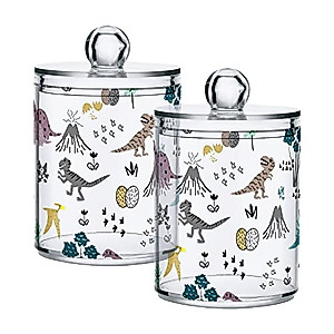 DOMIKING Colored Dinosaur 2 Pack Cotton Swab Holder Dispenser Plastic Jar Bathroom Storage Canister Acrylic Containers for Cotton Ball Floss Picks Hair Clips
