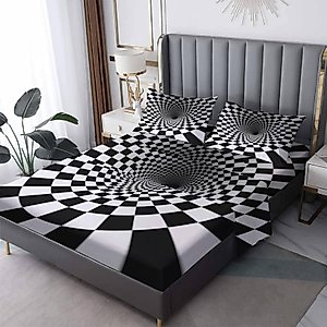 Full Size Sheet Sets - Optical Illusion Bed Sheets, Black and White Bedding Sheets & Pillowcases, Soft Microfiber & Deep Pocket & Wrinkle Free Sheet Set, 1 Fitted Sheet, 1 Flat Sheet, 2 Pillow Cases