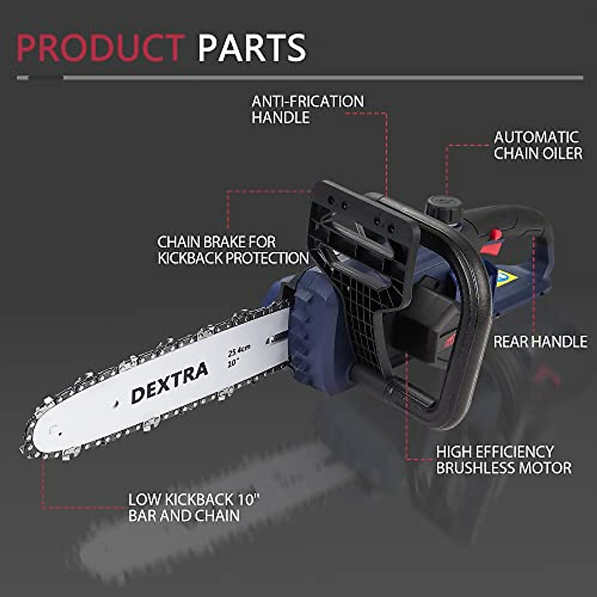Dextra Cordless Chainsaw, Brushless 10-Inch Battery Chainsaw,Power Chain Saws for Trees Wood Garden Ranch Forest Cutting, Auto-Tension & Auto-Lubrication, 4.0Ah Battery and Charger Included