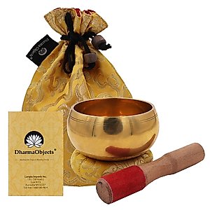DharmaObjects Medium ~ Tibetan OM MANI Singing Bowl Set ~ With Mallet, Brocade Cushion & Carry Bag ~ For Meditation, Chakra Healing, Prayer, Yoga (Yellow)