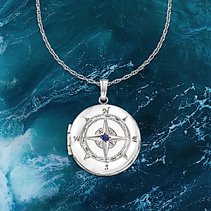 Sterling Silver Compass Locket Necklace With Sapphire Accent. 18 inches