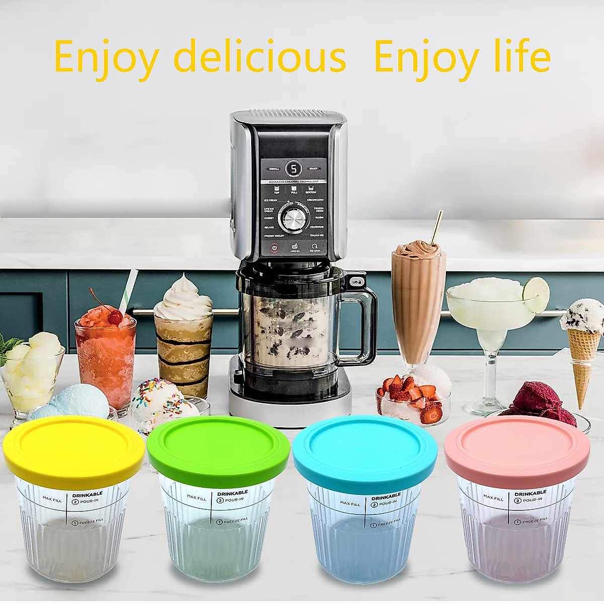 adwrparts Replacement for Ninja Creami Deluxe Pints and Lids 4 Pack, Compatible with Ninja CREAMi Deluxe 11-in-1 Ice Cream Makers NC500 Series, NC500 NC501 etc(4 Contains+4 PE Lids)