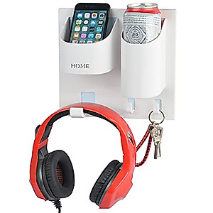 Bedside Shelf Wall Mounted Bedroom Dorm Room Rack Organizer with Headset Stand Hanger,Drink Holder and Small Hooks-Use for Bedroom,Bathroom to Hold Remote,Glass,Cellphone,Beer,Solo Cup(Vertical Type)