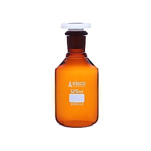 EISCO Labs 125ml Amber Reagent Bottle, Narrow Mouth with Acid Proof Polypropylene stopper, socket size 19/26