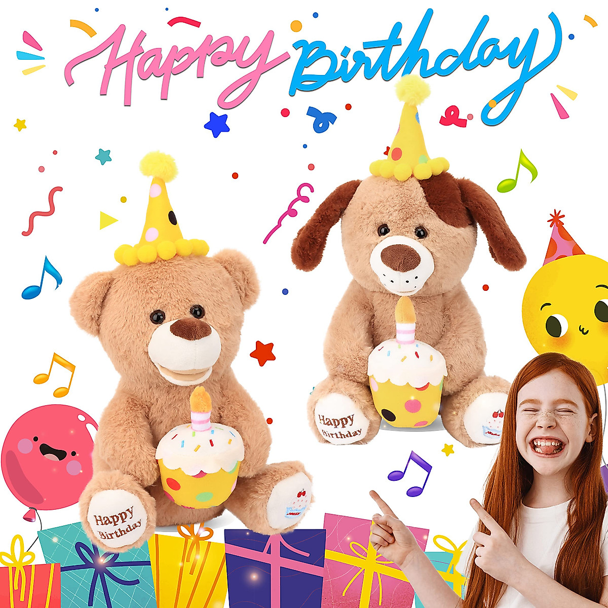 Hopearl Adorable Happy Birthday Teddy Bear with Glowing Cupcake Musical Stuffed Animal Bear Singing and Shaking Plush Toy Interactive Animated Kids Gifts, Brown, 15’’
