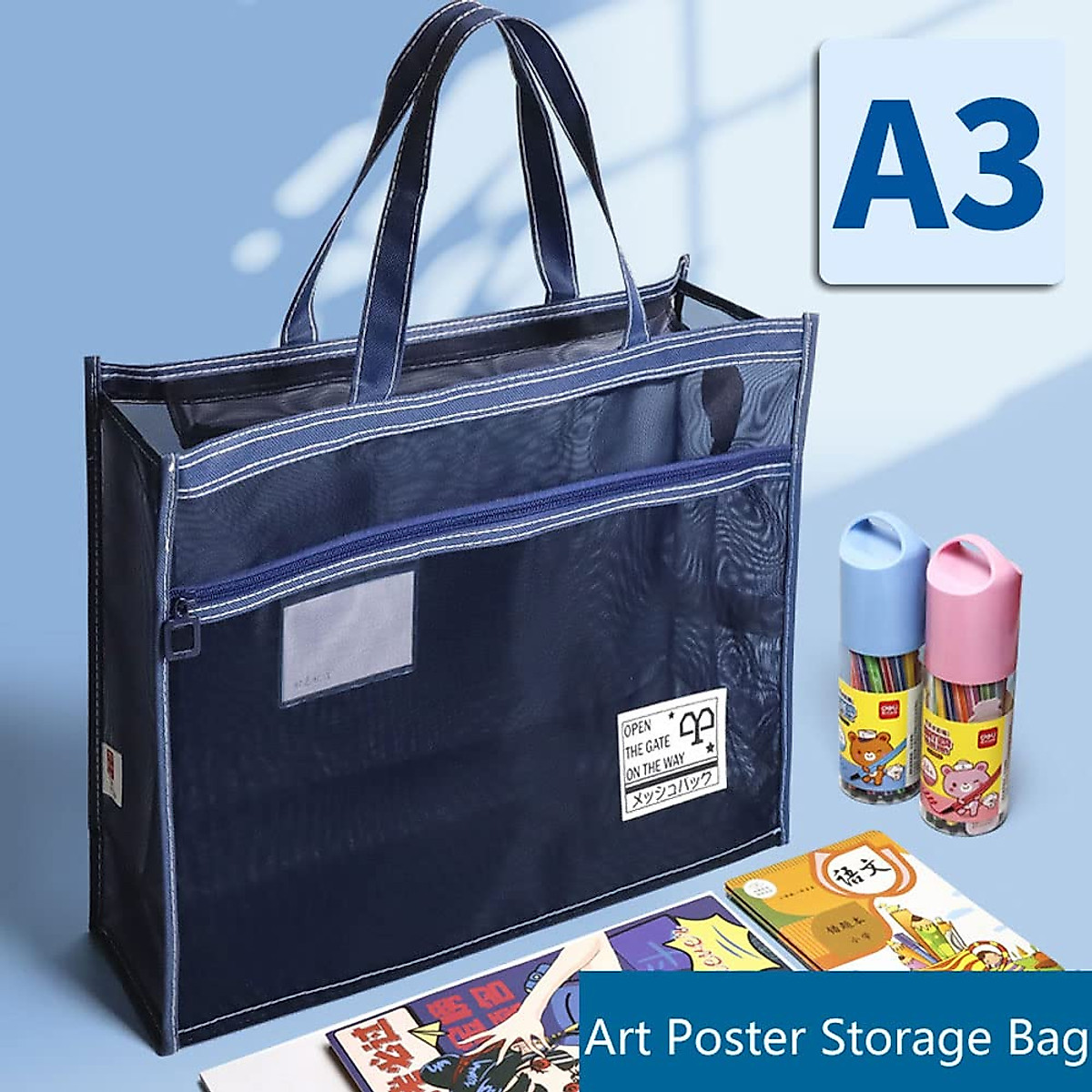 A3 Mesh Art Portfolio Bag with Handle and Zipper Holder for Artwork Portable Large Capacity Clear Art Storage Tote Bag Organizer Transparent Bag for Large Posters Painting Teaching Material Art Work