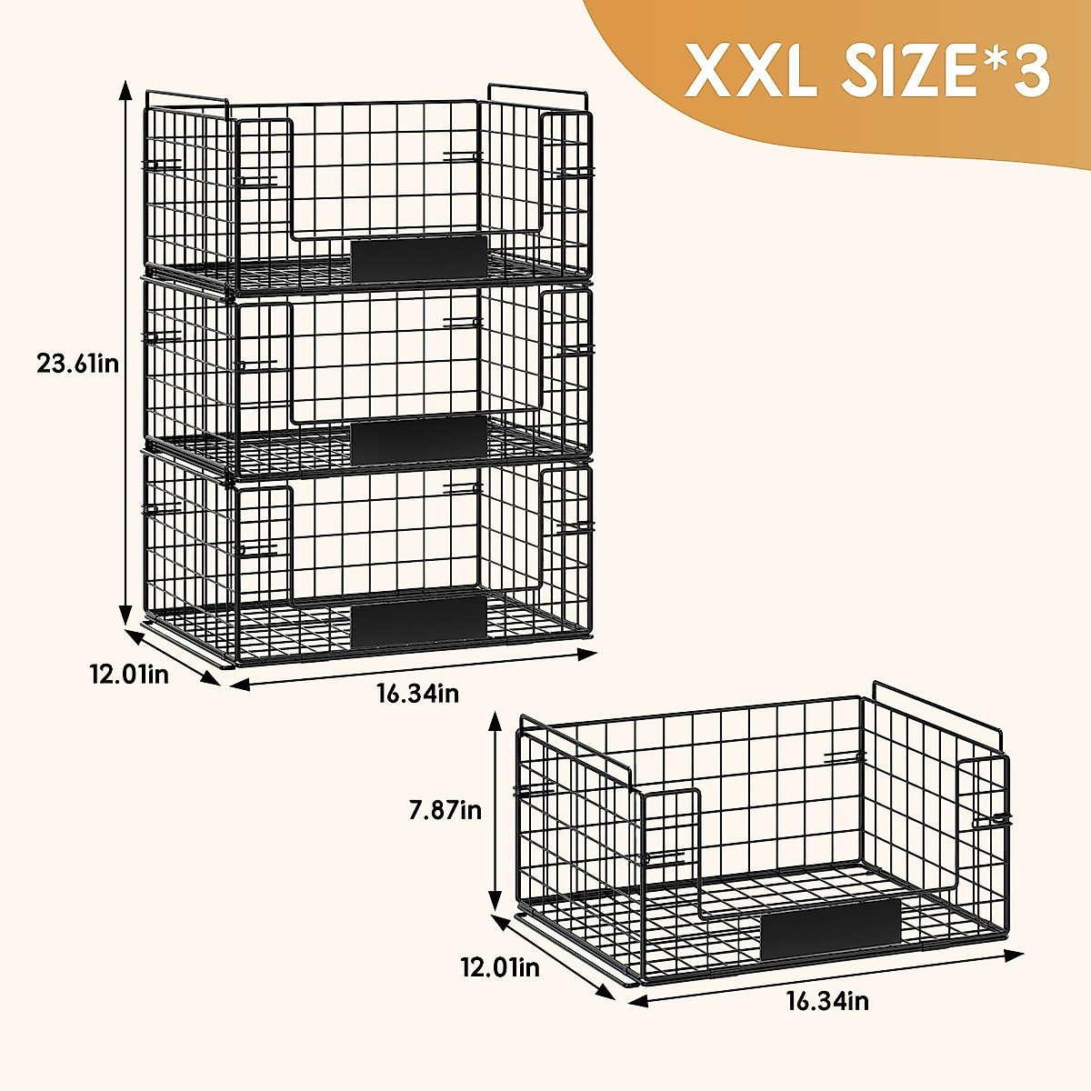 JKsmart 3 Pack XXL Stackable Wire Baskets with Handles for Pantry Storage and Organization, Fruit and Vegetable Basket with Name Plates, Metal Storage Bins for Snack Can Fruit Veggies