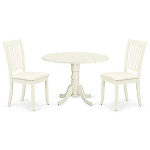 East West Furniture DLDA3-WHI-C 3Pc Dinette Set Includes a Rounded Kitchen Table with Drop Leaves and Two Vertical Slatted Linen Fabric Seat Dining Chairs, White Finish, 3