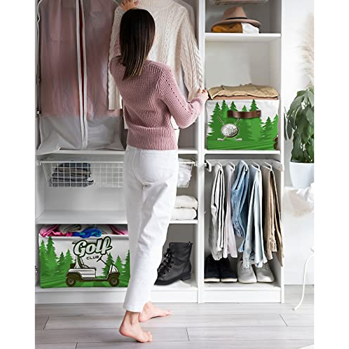 Golf Cart Storage Baskets for Organizing, Golf Club Green Field Pine Tree Balls Sports Theme Fabric Storage Bins for Shelf, Collapsible Cube Bin with Handles for Closet（15''x11''x9.5''）