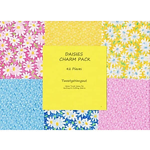 FlashPhoenix Quality Sewing Fabric – Yellow Pink, Blue Daisies 100% Cotton Quilt Fabric; Charm Pack 42 Pieces/Pack 5 x 5