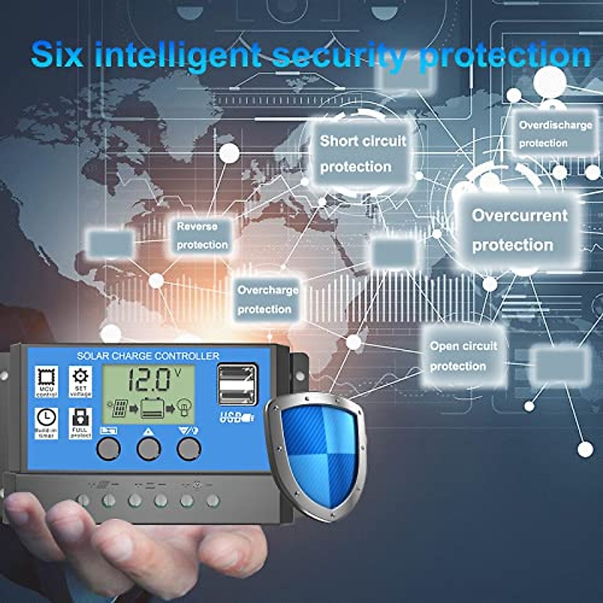 Solar Charge Controller, Lpluziyyds 30A Solar Panel Controller 12V/24V PWM Auto Parameter Adjustable LCD Display Solar Panel Battery Regulator with Dual USB Port