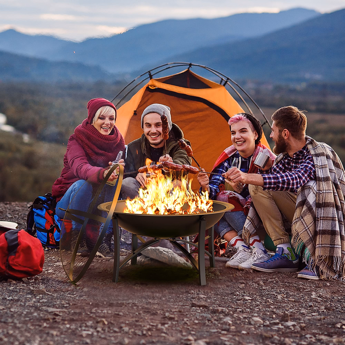 Fire Beauty Fire Pit for Outside Wood Burning Firepit BBQ Grill Steel Fire Bowl with Spark Screen Cover, Log Grate, Poker for Camping Beach Bonfire Picnic Backyard Garden