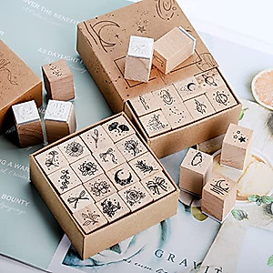 Hacaroa 32 Pieces Wooden Rubber Stamp Set, Moon Star Botanical Decorative Wood Stamps for Journal, Diary, Scrapbook, Planner, Letter, DIY Craft, Card Making