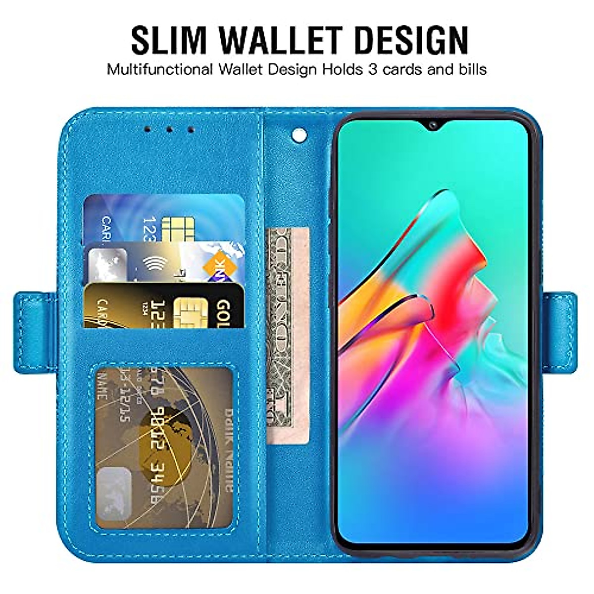 Asuwish Phone Case for Infinix Smart 5/Hot 10 Lite Wallet Cover with Tempered Glass Screen Protector and Leather Flip Credit Card Holder Stand Flower Folio Purse Cell Accessories X657B Women Men Blue