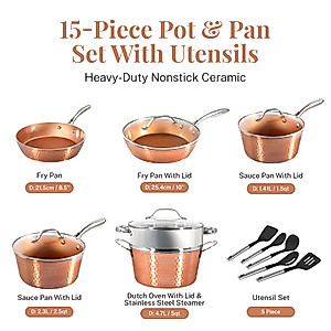 GOTHAM STEEL Hammered 15 Pc Copper Pots and Pans Set Non Stick, Kitchen Cookware Sets, Pot and Pan Set, Ceramic Cookware Set, Non Toxic Cookware Set, Non Stick Pots and Pan Set, Dishwasher Safe
