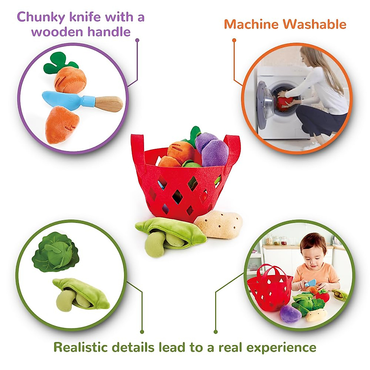 Hape Toddler Vegetable Basket |Soft Vegetable Shopping Basket, Toy Grocery Food Playset Includes Cabbage, Bean Pod, Carrot, and More