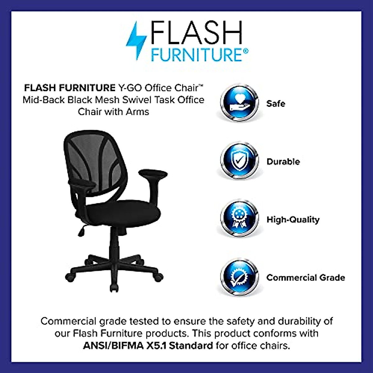 Flash Furniture Y-GO Office Chair Mid-Back Black Mesh Swivel Task Office Chair with Arms