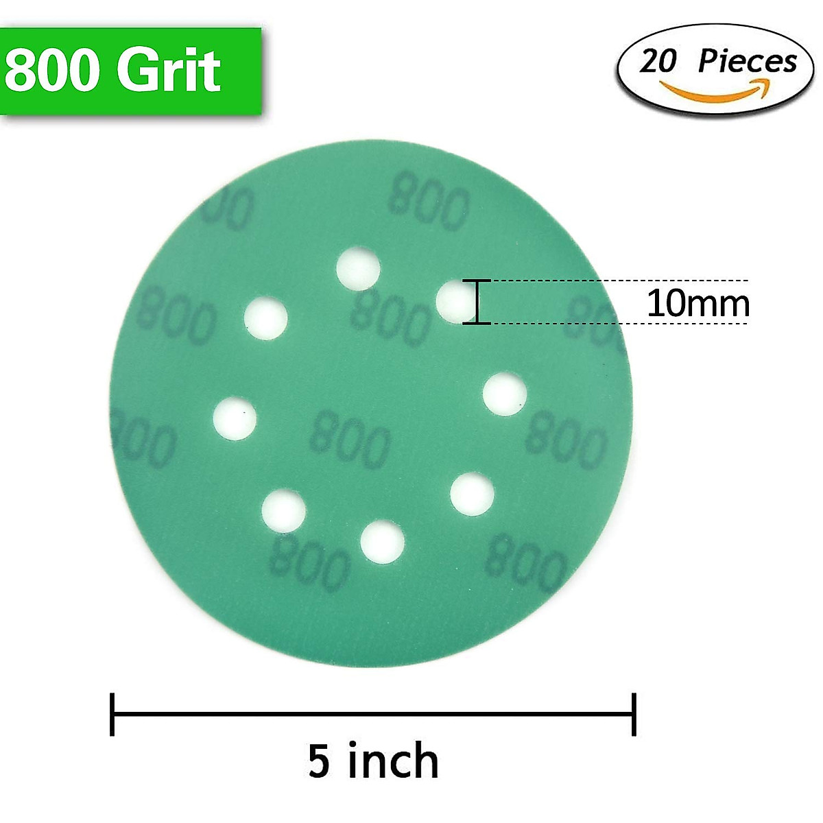 POLIWELL 5 Inch Sanding Discs 8 Holes 800 Grit Wet Dry Film-Backed Green Line Hook and Loop Dustless Power Random Orbital Sander Paper, for Car Paint Wood or Metal Grinding and Polishing, 20 Pack