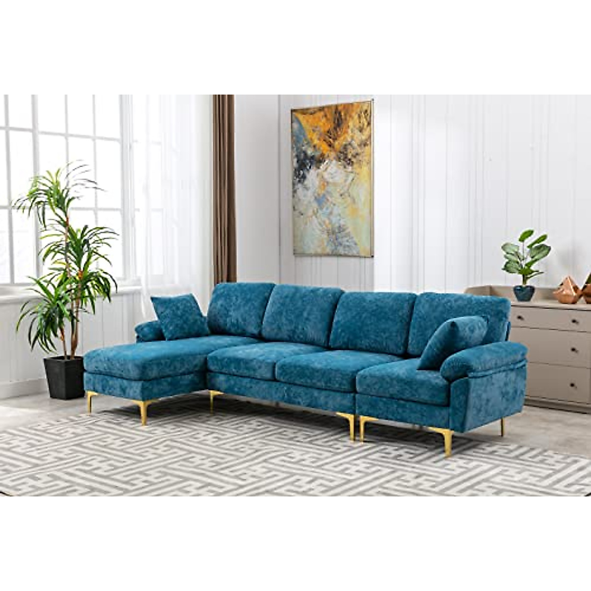EMKK Modern Sectional Sofa L/U Shaped Couch with Extra Wide Chaise Lounge and Gold Legs Upholstered Modular Convertible Sofá Living Room Furniture for Home or Office,Teal Blue, 114.4253.9433.46 INCH