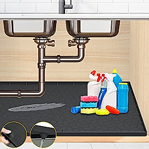 Under Sink Mat for Kitchen Waterproof ，34"x22" Silicone Under Sink Liner Drip Tray with Drain Hole ,Flexible Cabinet Mat and Protector for Kitchen Bathroom，Black