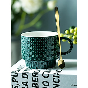 LYEOBOH Coffee Mug Set Porcelain Stackable Coffee Mugs with Stand and Spoons, 13 OZ. Cappuccino Cup Demitasse Cups for Drinks, Espresso, Latte,Set of 4, Dark Green