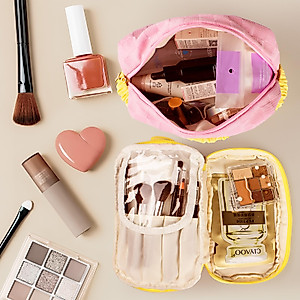 POWERWOO Travel Makeup Bag for Women, Double Layer Cosmetic Bag Organizer Brush bag with upgrade Zipper, Aesthetic Design Ladies Bag, Pink Toiletry Bag as Wedding and Happy New year gift bags