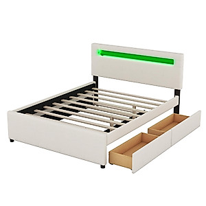 LAVHOME Queen Size Upholstered Platform Bed with 2 Storage Drawers and Twin Trundle, LED Lights and USB Charging, Linen Queen Bed Frame with Headboard and Wood Slat Support,Beige