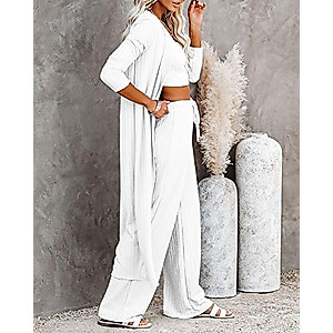 Fessceruna 3 piece Lounge Sets for Women Outfits Loungewear Long Kimono Cardigan Crop Tank Top Loose Pants A-white