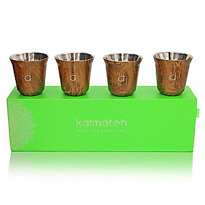 Kalmateh Heat Resistant Espresso Coffee Cups- Set of 4 - Double Wall Insulated Stainless Steel Espresso Cup Set - 2.7oz 80ml (Wood, 80ml)