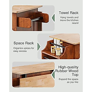 Qsun Kitchen Island with Drop Leaf and Storage, on Wheels Two Drawers, Large Storage Cabinet, Towel Rack Spice Cart Brown