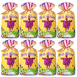 50 Pieces Easter Drawstring Gift Bags Plastic Easter Treat Bags Easter Wrapping Bag Inspiring He is Risen Sign Treat Candy Bags Easter Cookie Bags Goody Bags for Easter Theme Bible School Party Favor