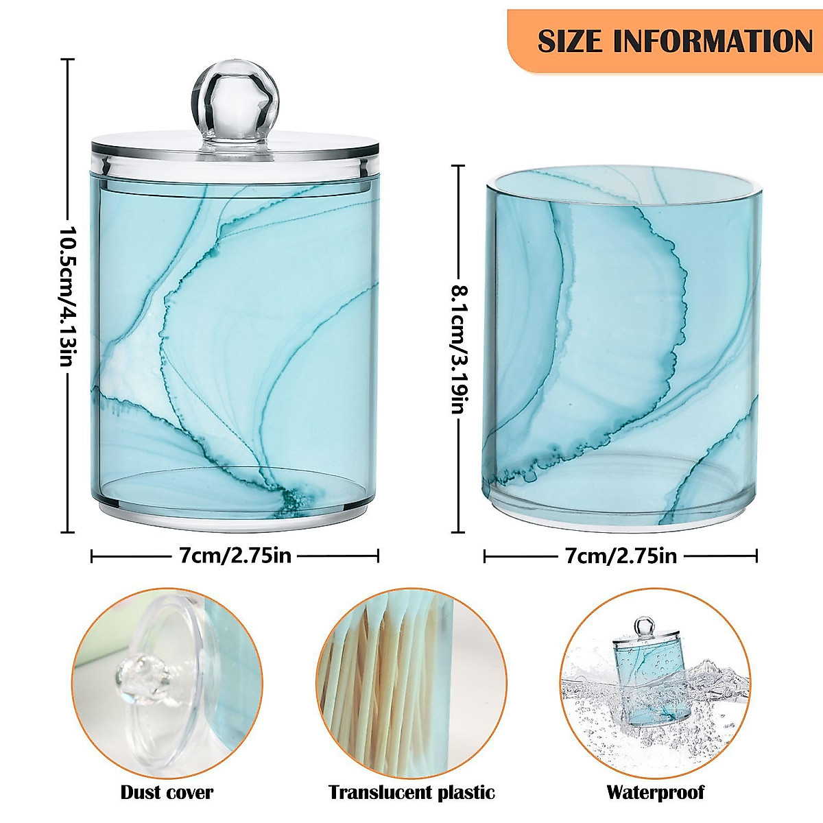 YETTASBIN Blue Marble Clear Plastic Apothecary Jars 2 Pack, 14 oz Qtip Holder Dispenser with Lid, Clear Bathroom Storage Canister for Cotton Ball, Cotton Swab