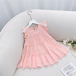 AGQT Toddler Girls Summer Dress Loose Fit Swiss Dots Flowy Pleated Dress Ruffle Babydoll Birthday Chiffon Dress Pink Size 1-2T