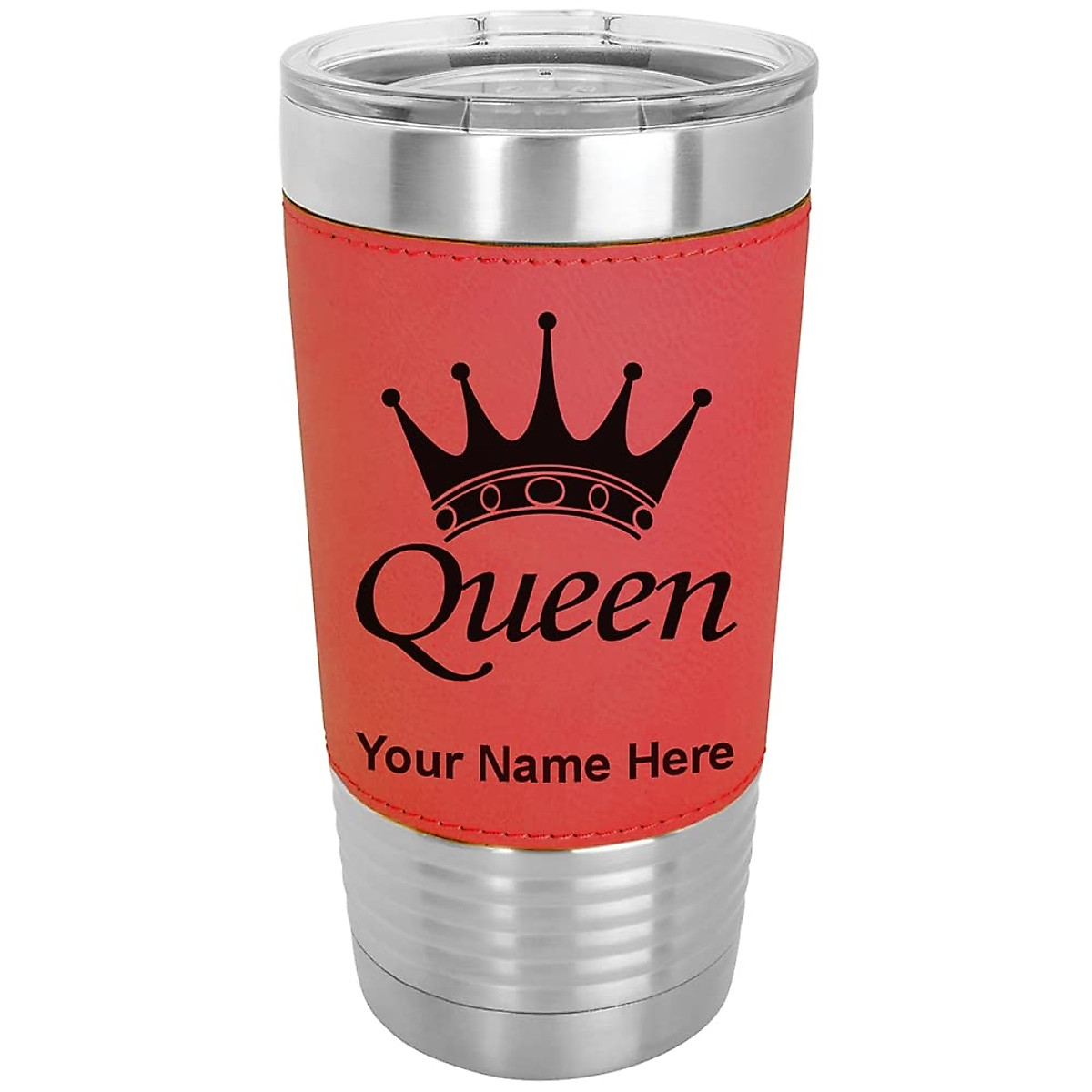 LaserGram 20oz Vacuum Insulated Tumbler Mug, Queen Crown, Personalized Engraving Included (Faux Leather, Red)