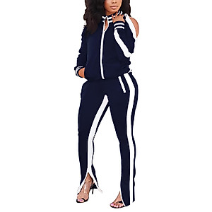 TOPONSKY Matching Lounge Set Warm Up Suits For Women 2 Pieces Sweaters Navy White M