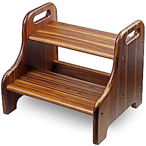 Wood Step Stool for Kids and Toddlers, Natural Acacia Solid Wood, Portable 2 Handles, Wider 2 Steps, Safe Non-Slip Bottom, Rounded Corners, Supports up to 200 lbs, Perfect for Children (Natural)
