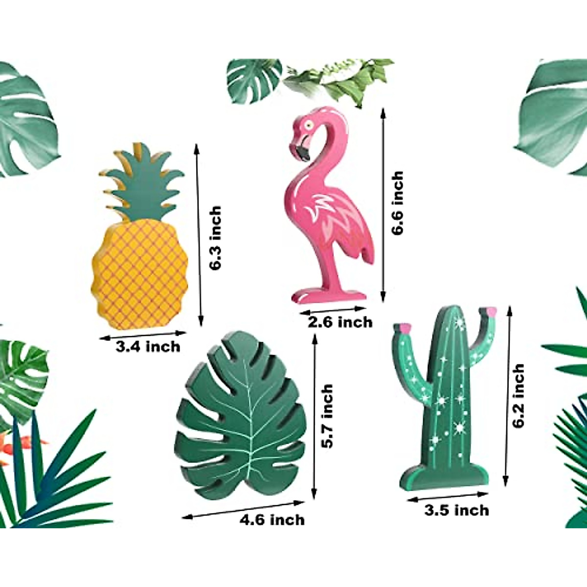 Summer Wooden Signs Hawaii Luau Party Wooden Blocks Summer Home Decorations Tropical Cactus Flamingo Pineapple Monstera Wood Table Centerpiece for Summer Home Table Luau Party, 4 PCS