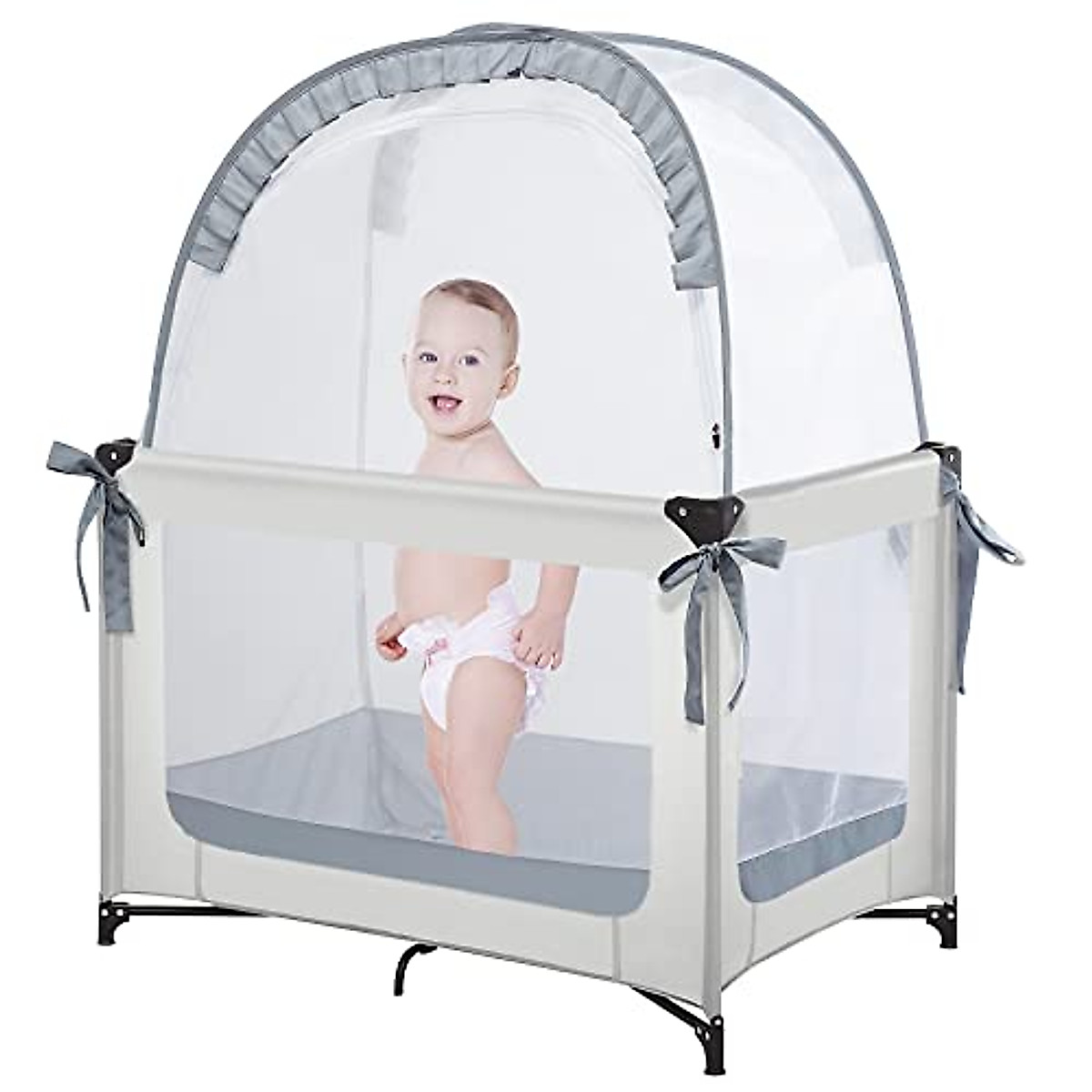 L RUNNZER Pack N Play Tent, Baby Pop Up Crib Tent to Keep Baby In, Crib Net for Pack And Plays, Mini Cribs & Play Yards to Stop Baby from Climbing Out, Pop Up Design & Breathable Mesh