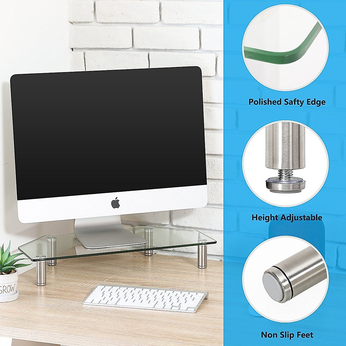 FITUEYES Monitor Stands Curved Glass Computer Risers with Height Adjustable for PC Monitors, Laptops, Computers & TVs，DT105002GC